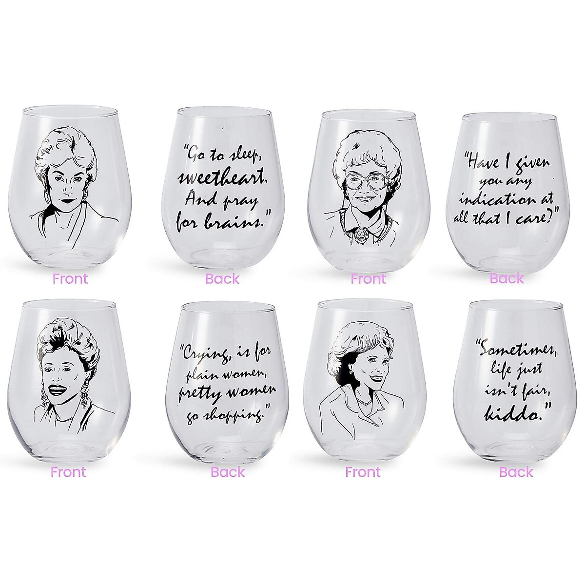 Toynk The Golden Girls Official Stemless Wine Glass Collectible Set of 4| Features One Wine Glass For Each Golden Girl | Each Glass Holds 16 Ounces