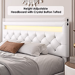 Keyluv Queen Upholstered LED Bed Frame with 4 Storage Drawers and Adjustable Crystal Button Tufted Headboard, Platform Bed with Solid Wooden Slats Support, No Box Spring Needed, White