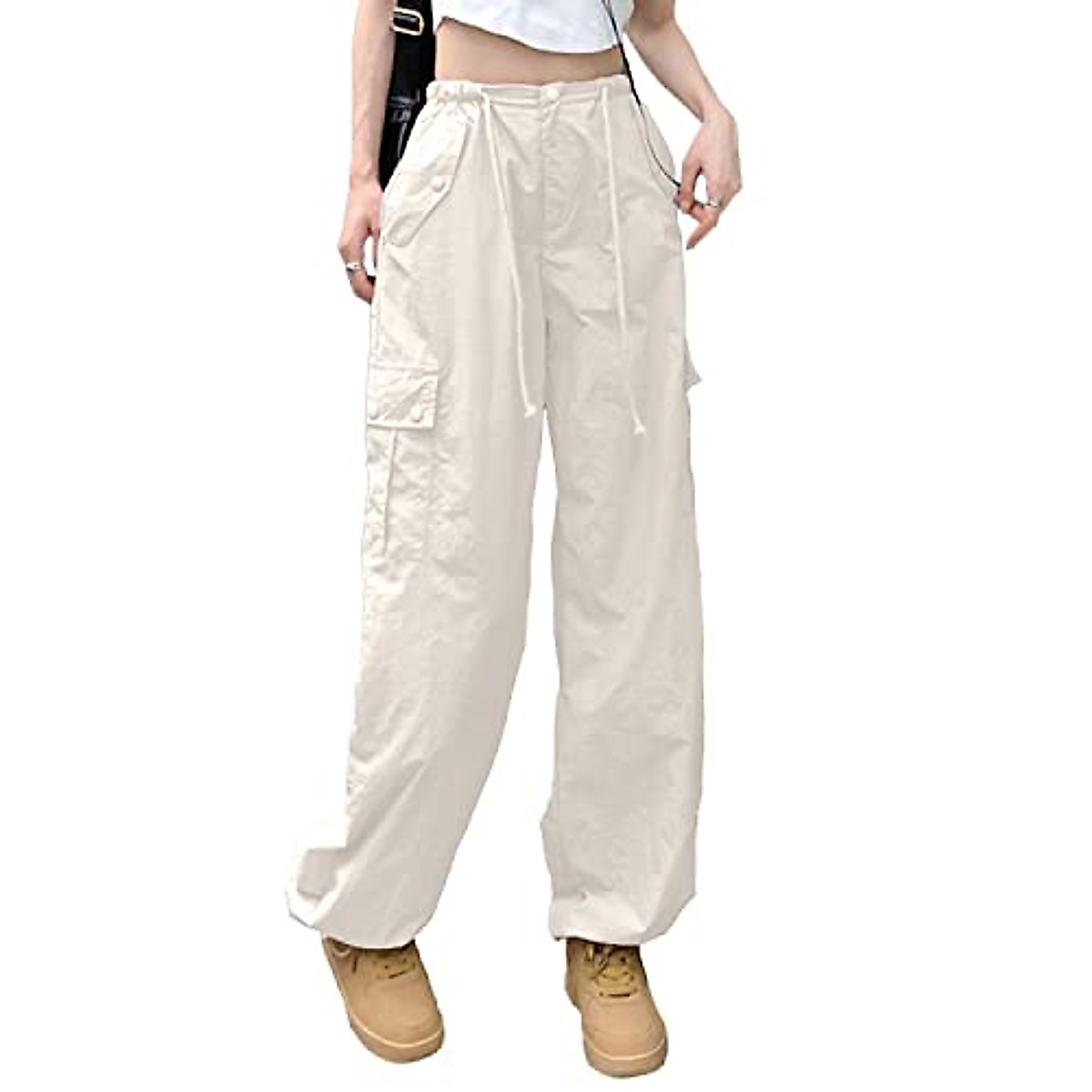 Rolanko Girls Parachute Pants, Cargo Pants for Girls Baggy Y2K Loose Jogger Trousers with Pockets for Kids (Beige, 8-10)