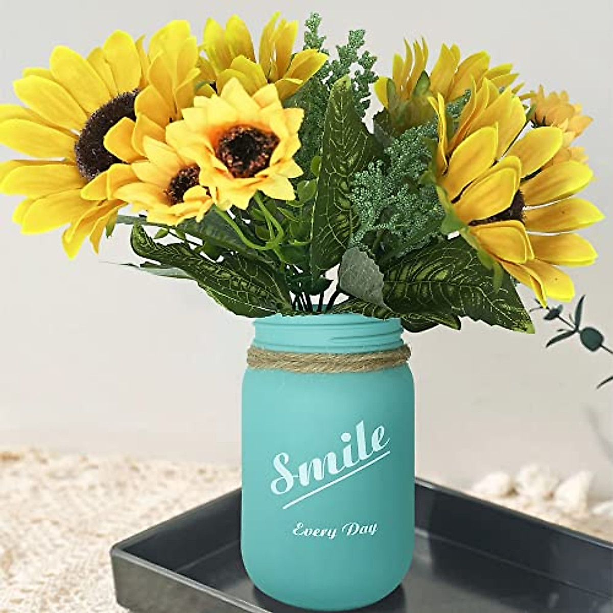FADALO ART Mason Jar Decor Fake Flower Sunflowers Centerpieces for Dining Room Table Decorations for Living Room Rustic Farmhouse Decor Coffee Table Decor, Teal Blue#01