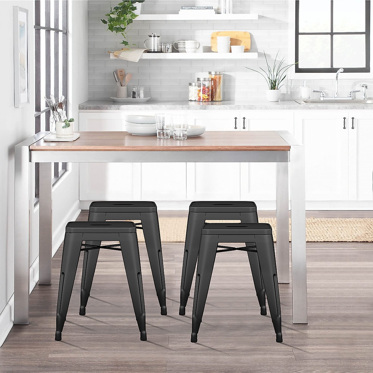 Changjie Furniture 18 Inch Stools Backless Industrial Metal Bar Stools Kitchen Stackable Stools Short Stools School Classroom Stools Metal Dining Chairs Set of 4 (18 inch, Matte Black)
