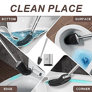 Sellemer Toilet Brush and Holder Set for Bathroom, Flexible Toilet Bowl Brush Head with Silicone Bristles, Compact Size for Storage and Organization, Ventilation Slots Base (Silver)