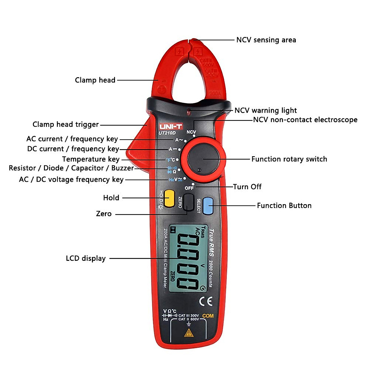 UNI-T UT210D Digital AC/DC Current Voltage Resistance Capacitance Clamp Meter