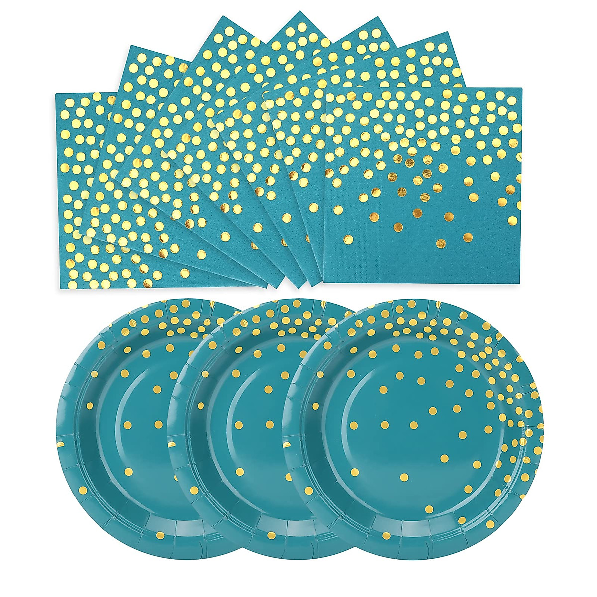 CENLBJ Blue Green Gold Paper Plates and Napkins - 25 x 7'' Dessert plates & 25 x 6.5'' Napkins,Green Paper Plates for Appetizers,Cakes,for Birthday,Father's Day,Independence(Serve 25)