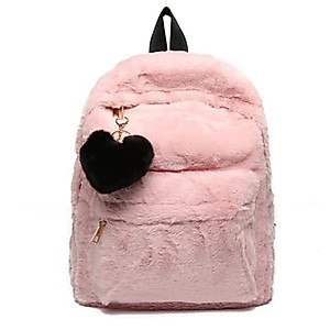 HOKMAH Cute Fuzzy Backpack for Girls, Aesthetic School Supplies Fuzzy Plush Backpack, Kawaii Furry Plush Backpack for Teens (Pink)