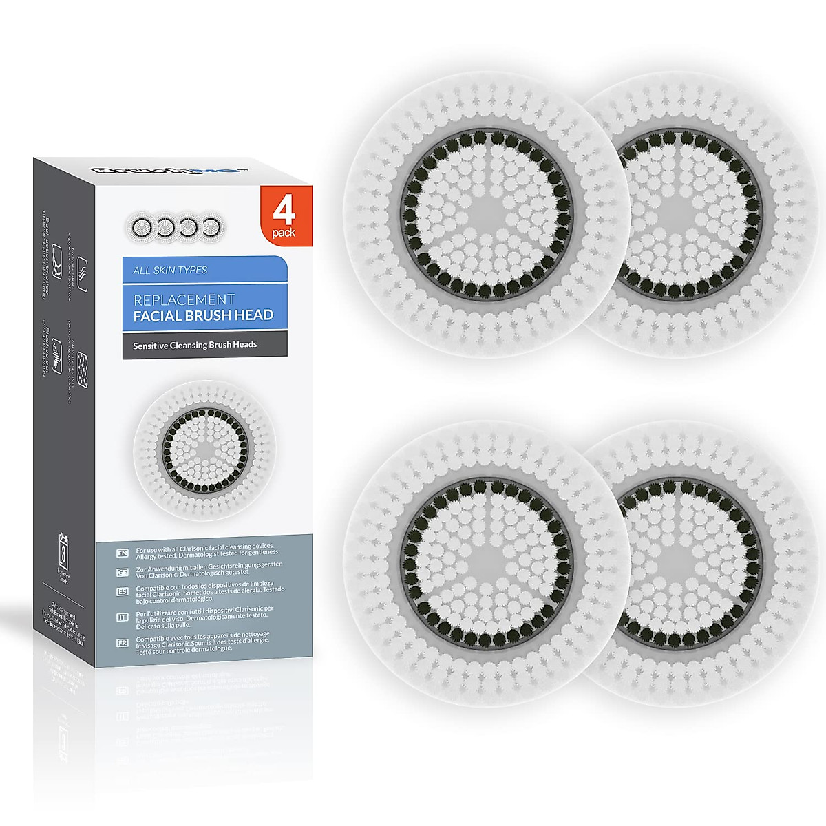 Brushmo Brush Head Replacements Compatible with Clarisonic Mia 1, Mia 2, Mia Fit, Alpha Fit, Smart Profile Uplift and Alpha Fit, Sensitive Facial 4 Pack (Sensitive)
