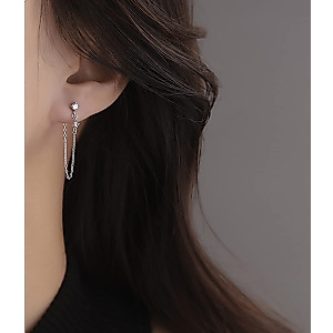 Reffeer Sterling Silver Chain Dangle Earrings for Women Teens Girls CZ Chain Drop Earrings Studs (A-Silver)