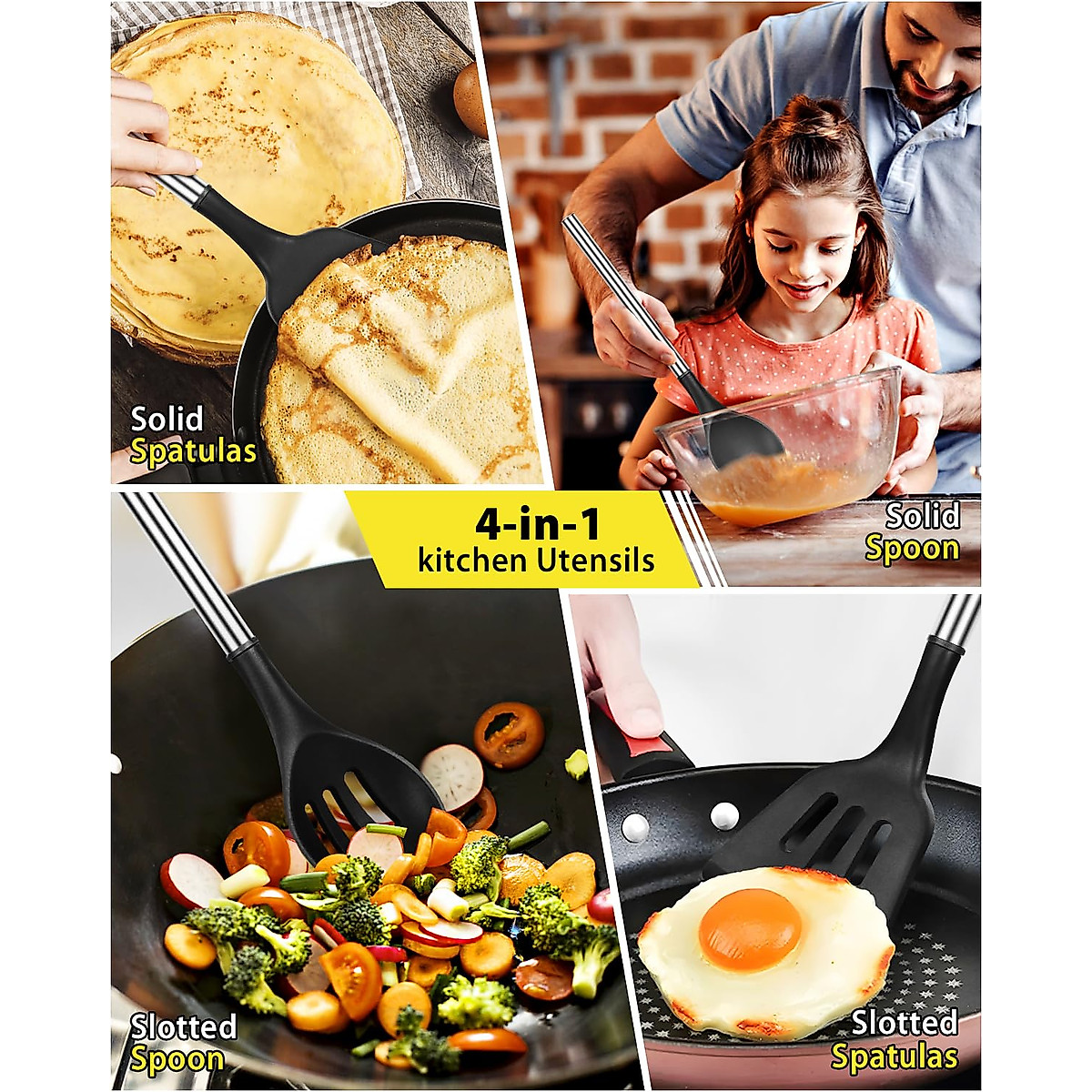 4 Pcs Silicone Kitchen Utensils Set, Wok Spatulas-Slotted Turner-Cooking Spoon-Slotted Spoon, Non-Stick BPA Free Heat-Resistant Basting Stainless Steel Handle Kitchenware for Cooking, Mixing, Serving