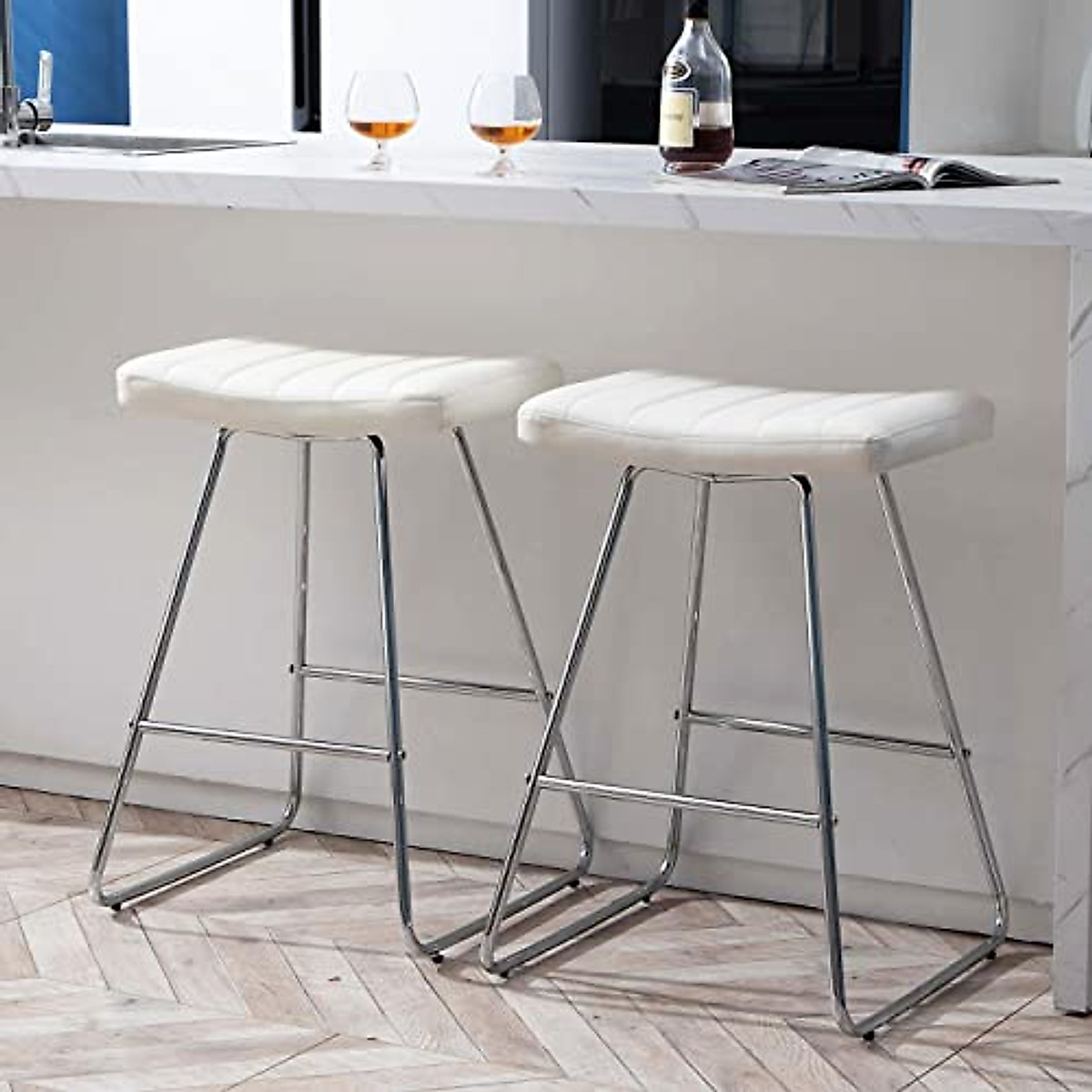 SICOTAS Bar Stools Set of 2 - Counter Height Bar Stools - 24 Inch Saddle Bar Stools - Modern Metal Bar Stools for Kitchen Counter - White Saddle Seat Barstools, Kitchen Island Stools - Chromed Base