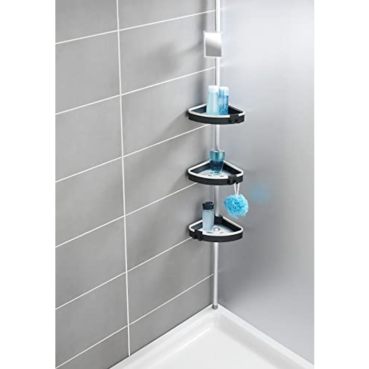 WENKO Tension Corner Shower Caddy 3 Pole and Baskets für Shampoo, Conditioner, Soap with Hooks for Razors, Towels, Blue