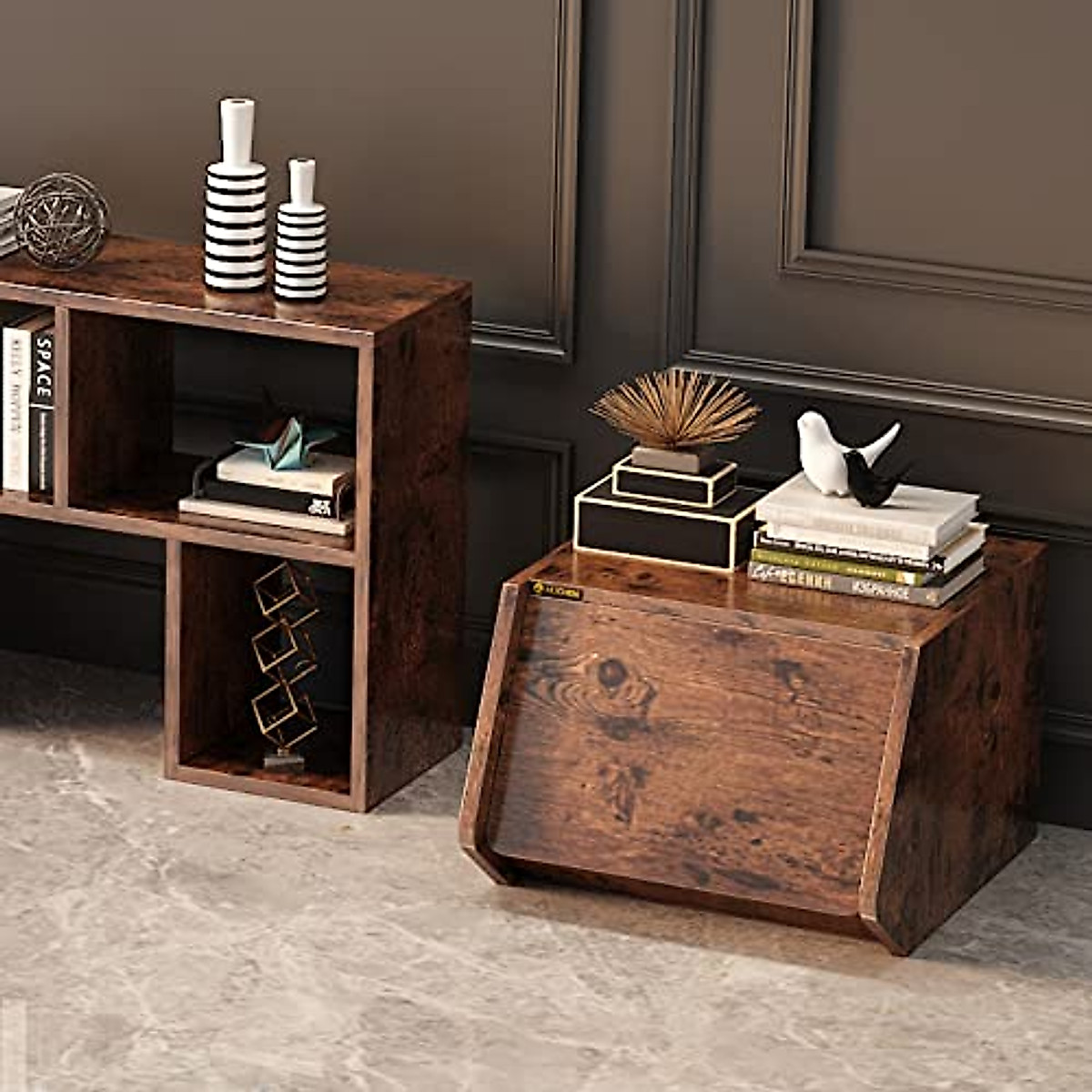 2 Pcs Small Cube Storage Organizer with Sliding Door,Wood Stackable Storage Box for Office Closet and Nightstand,Small Bookshelf Storage Cabinet for Small Space,Wood Stacking Storage Box,Brown