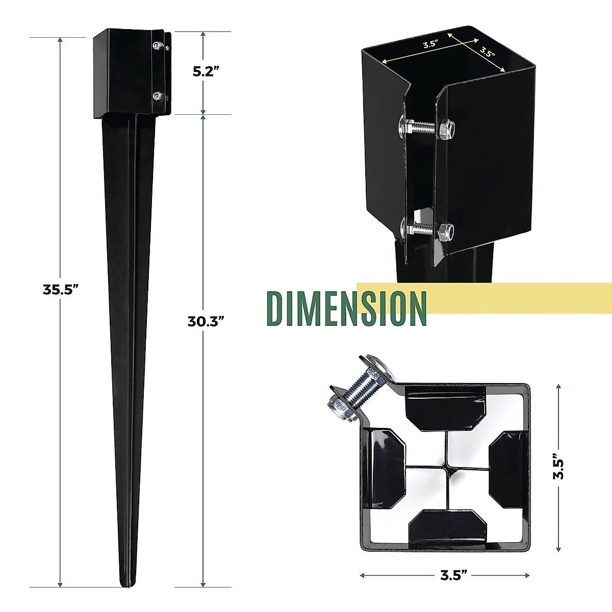 WIMART Fence Post Anchor 4''x4'', Heavy Duty Metal Fence Post Anchor Ground Spike 36''x4''x4'' for Fence, Mailbox, Bird Feeder, Decking. with The Black Powder Coating Cover on The Surface (Set 4)