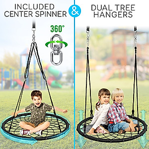 SereneLife Spider Web Tree Swing with Hang Kit and Center Spinner 40” 600 lbs Kids Outdoor Backyard Tree Playhouse Playground Saucer Swing Set Accessories Platform Glider Mat Swinging Swingset,Black