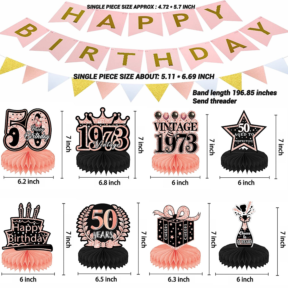 Golcellia 8 Pcs 50th Birthday Decorations - Rose Gold Honeycomb and Birthday Banner Party Decoration for Women Men, 1974 Table Pink Honeycomb Centerpieces, Happy 50th Birthday Table Decorations