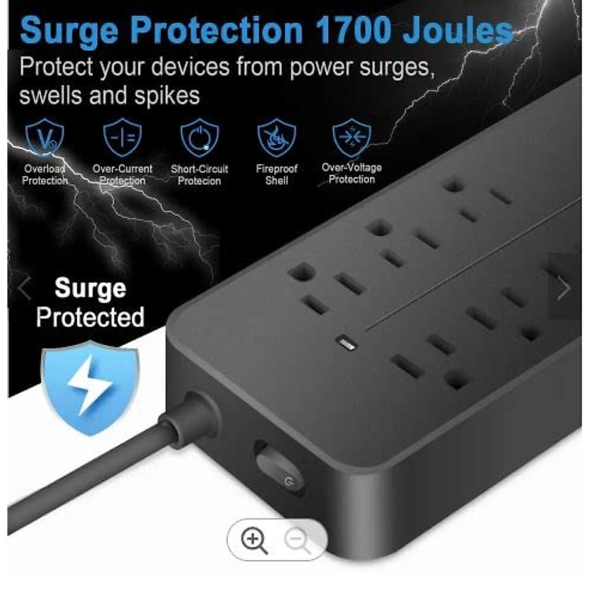 Surge Protector Power Strip with Extension Cord with 8 Outlets and 3 USB Ports, 2 Feet Power Cord (1625W/13A) , 2700 Joules, ETL Listed, Black
