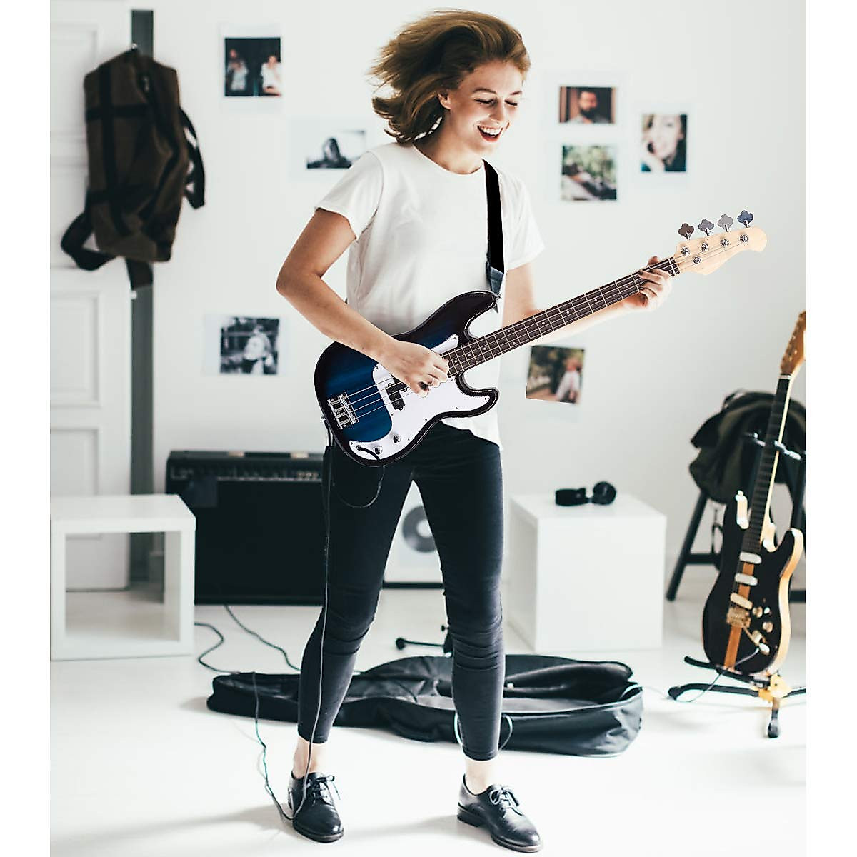 Costzon Full Size Electric 4 String Bass Guitar for Beginner Starter Complete Kit, Rose Fingerboard and Bridge, w/Two Pickups & Two Tone Control, Guitar Bag, Strap, Guitar Pick, Amp Cord (Blue Bass)