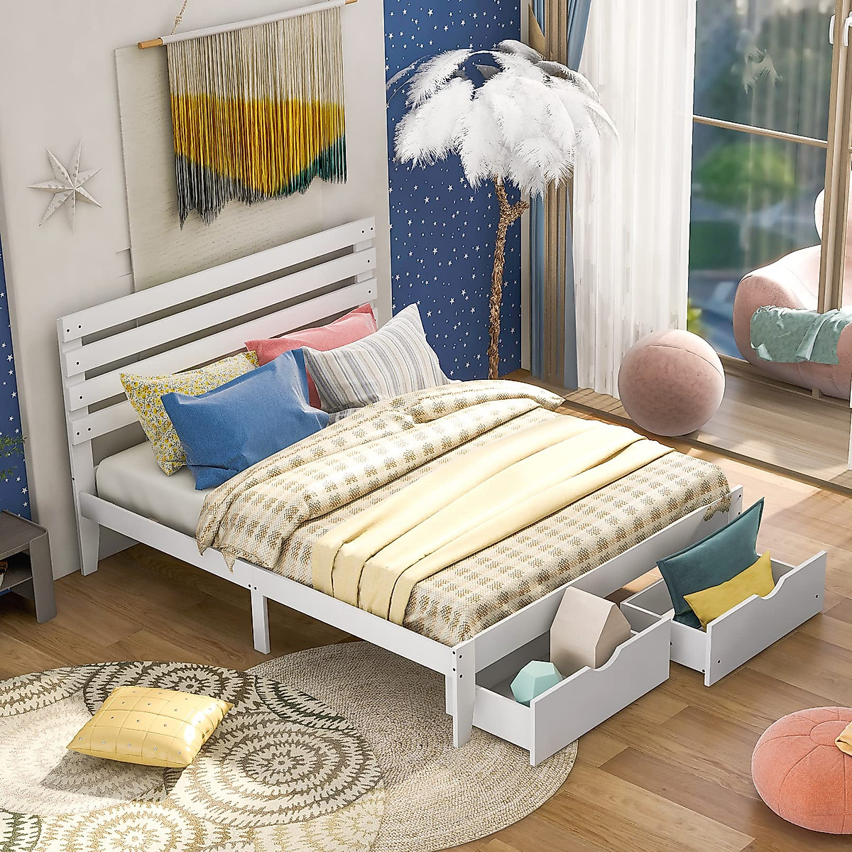 Queen Size Rustic Casual Style Platform Bed with 2 Storage Drawers & Headboard, Wooden Frames with No Box Spring Needed for Bedroom Small Space Boys Girls Adults Teens, White