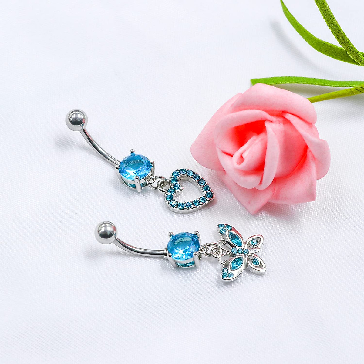 FLOGWE 2PCS 14G Belly Button Ring 316L Surgical Steel Heart Butterfly Pendant Belly Button Ring CZ Body Piercing Jewelry for Women