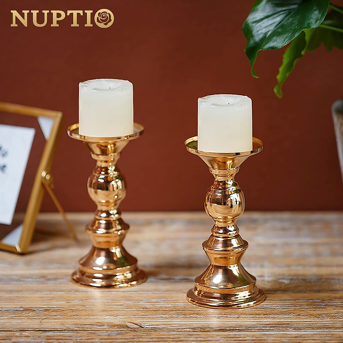 Set of 4 Gold Metal Pillar Candle Holders, Wedding Centerpieces Candlestick Holders for 2 inches Candles Stand Decoration Ideal for Weddings, Special Events, Parties