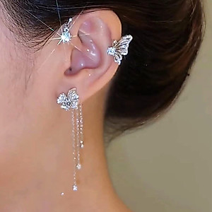 Butterfly Tassel Style Zircon Earrings Flowers Long Tassel Zircon Earrings Clips Charm No Piercing Ear Clip Jewelry for Women (Silver)