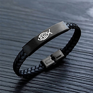 KBNSUIAN Dainty Christian Jesus Fish Ichthys Faith Leather Bracelet, Catholic Christ Lord's Guidance Meditation Bangle for Prayer Baptism Communion Church Birthday, 8.26''