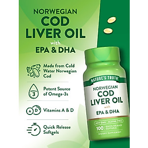 Nature's Truth Norwegian Cod Liver Oil | 100 Softgels | with EPA & DHA | Non-GMO, Gluten Free Supplement