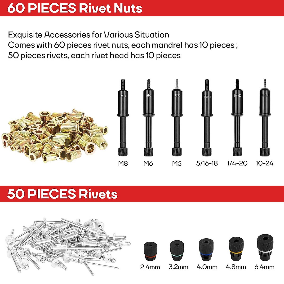 Eastvolt Rivet Nut Tool, 3 in 1 Hand Rivet, Rivet Gun Rivet Nut Tool Reamer 3 in 1 Set, Including 60Pcs Rivet Nuts, 6 Metric & SAE Mandrels and 2 Reaming Mandrels with Carrying Case (BT-501)