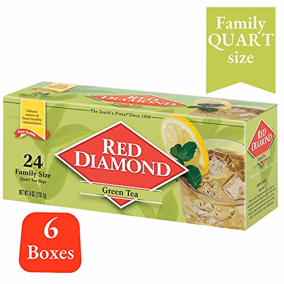 Red Diamond Green Tea Bags, Family Size Tea Bags, Delicious and Freshly Brewed Taste, Heart Healthy Antioxidants, 24 Count Quart-Size Bags (6 Pack - 144 Count)
