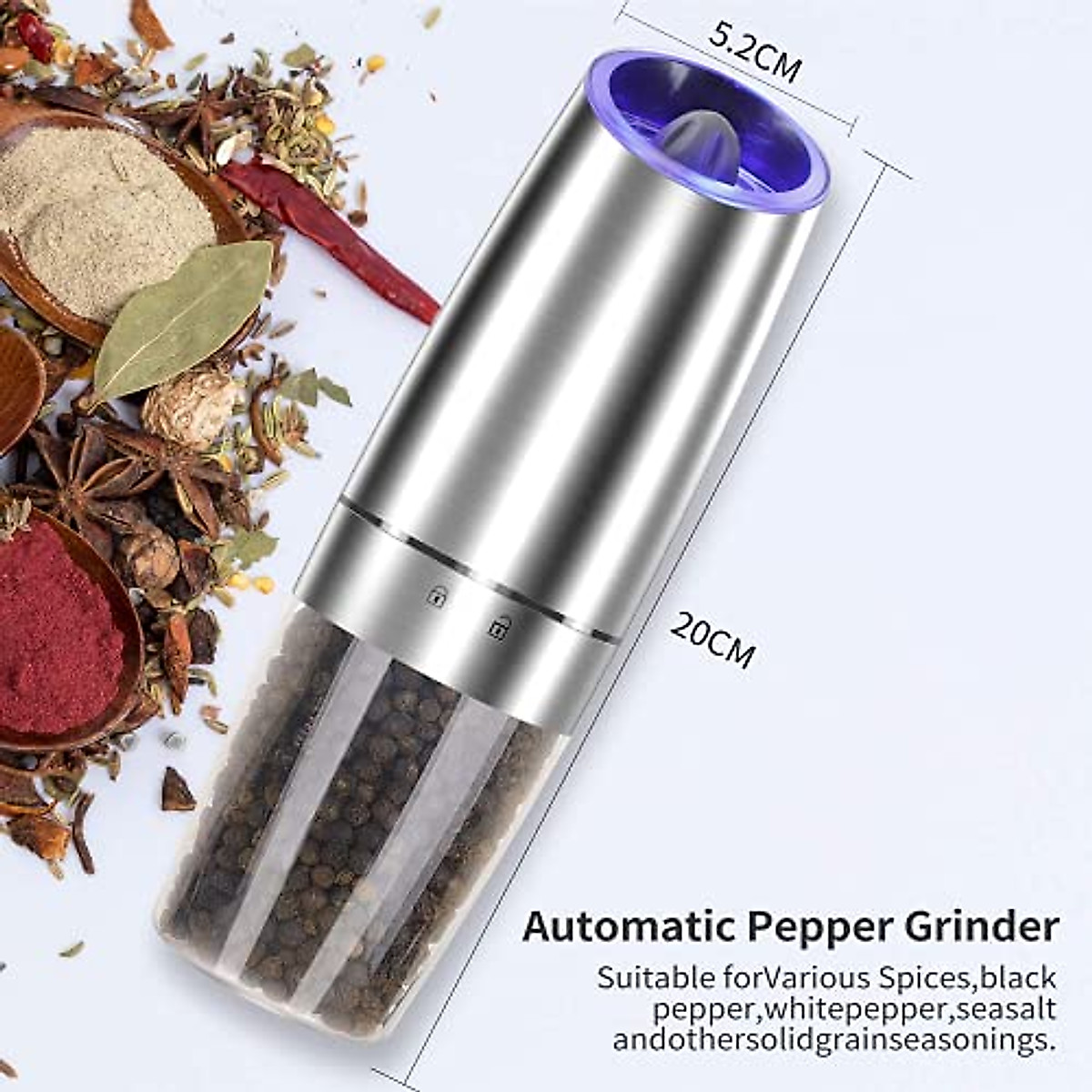 Electric Gravity Pepper Grinder set of 2, Automatic Salt and Pepper Mill Grinder, Adjustable Roughness, Battery Powered, Blue LED Light, Stainless Steel with One Hand Operation (Sliver 2 pack)