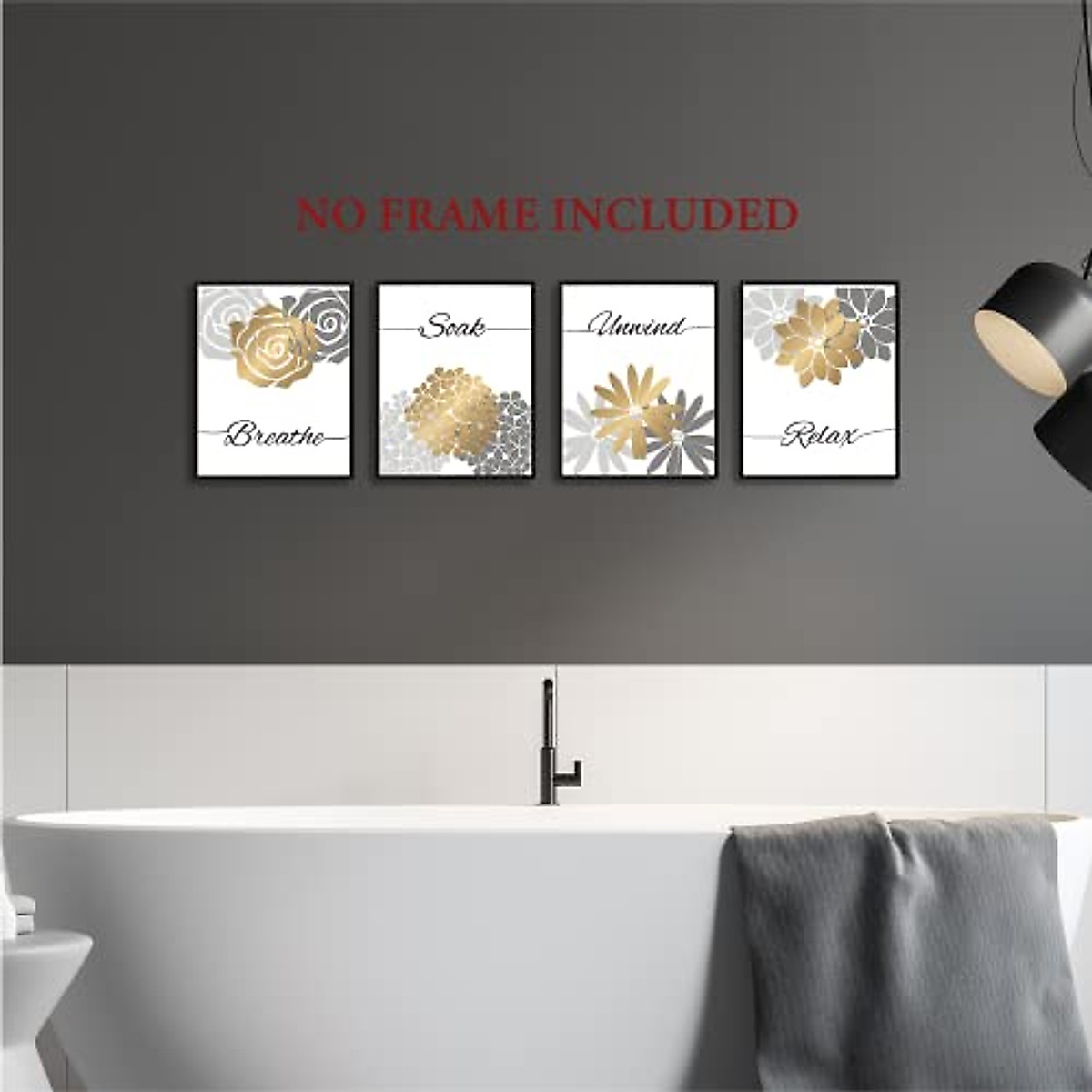 Unframed Relax Soak Unwind Breathe Bathroom Wall Decor - Paintlig 8x10 inch Bathroom Wall Art, Abstract Flowers Gold Foil Print Bathroom Decor Wall Art, Set of 4 Bathroom Pictures for Wall Decor, Bathroom Art (Gold)