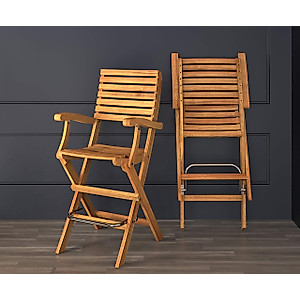 INTERBUILD REAL WOOD Acacia Hardwood Foldable Casino Bar Height Chair with Foot and Arm Rests, 26" Tall, 2 Piece Set - Golden Teak