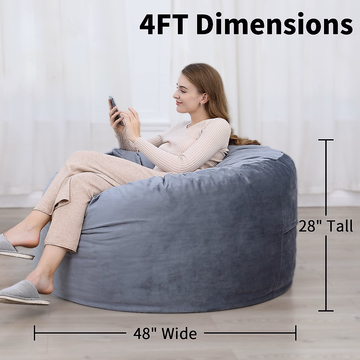 GlowSol Big Huge Giant Bean Bag Chair for Adults, Memory Foam Bean Bag Chair with Removable Machine Washable Plush Velvet Cover, Stuffed Sofa Chair, 4FT, Grey