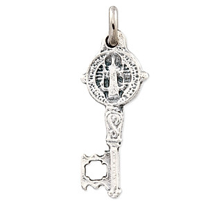 Catholica Shop Lot of 12 Silver Tone Saint St. Benedict Key of Heaven Medal Pendant Charm - 0.31" W x 0.94" L