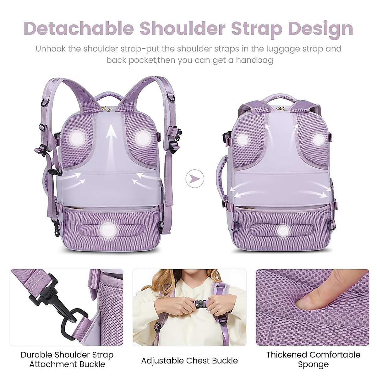 LOVEVOOK Large Travel Laptop Backpack for Women, 40L Carry On Backpack Flight Approved,Waterproof Suitcase Backpacks with 3 Packing Cubes, Daypack Business College Weekender Overnight, Light Purple