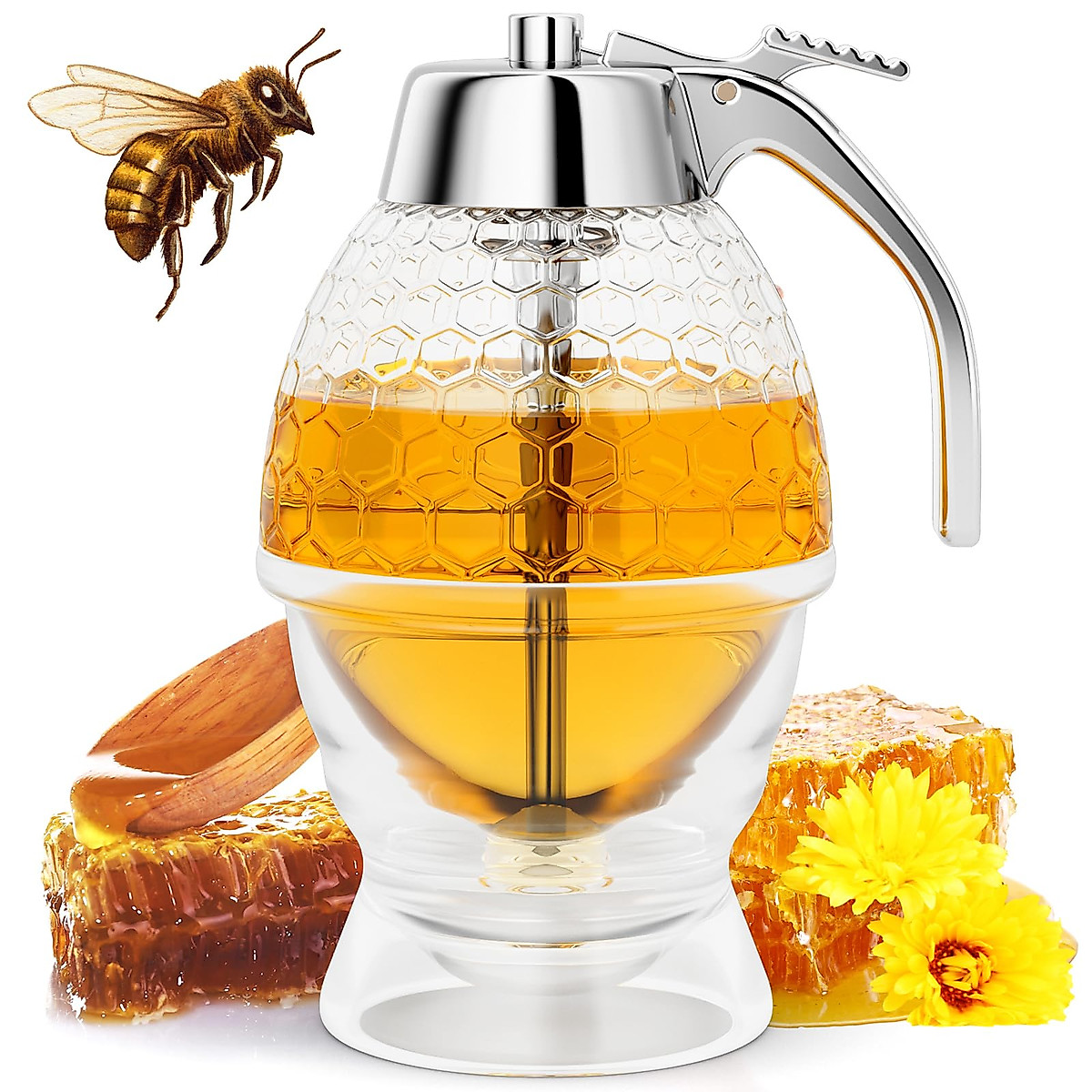 Honey Dispenser No Drip Glass, Maple Syrup Dispenser, Honey Jar with Stand, 8 oz Beautiful Honey Comb Shaped Honey Pot, Perfect Bee Decoration for Home Kitchen