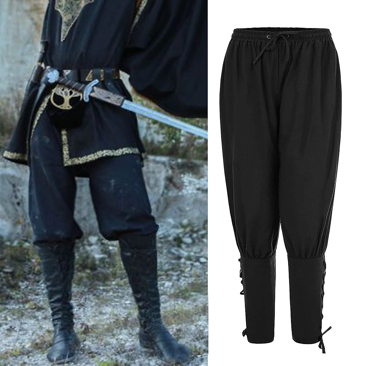 Men's Ankle Banded Pants Medieval Viking Navigator Pirate Costume Trousers Renaissance Gothic Pants, Black, Medium