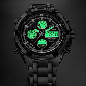 GOLDEN HOUR Luxury Stainless Steel Analog Digital Watches for Men Male Outdoor Sport Waterproof Big Heavy Wristwatch (Black)