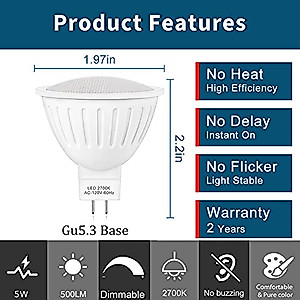 GU5.3 Base LED Light Bulb Dimmable 5W Spotlight,50W Halogen Equivalent, 120V MR16 Bi-Pin Base Warm White 2700K, Flood Light Bulb for Accent Lighting, Display Lighting, Track Lighting(Pack of 10)