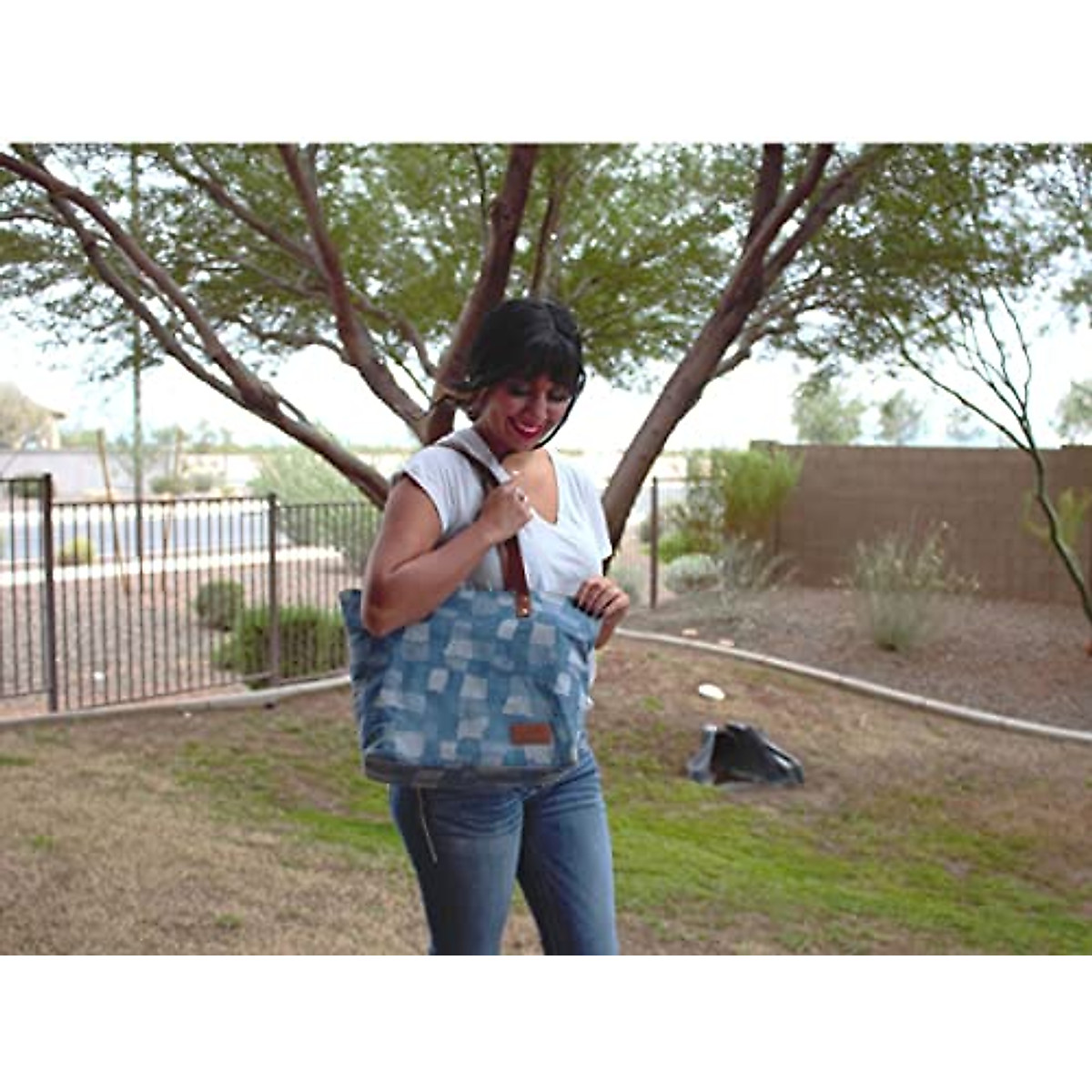 Denim Tote Bag, Jean purses for women denim, Bojo Blue Jean Tote with multiple shades of denim which make the patterns of this denim bag, jean tote bag for women with inside pockets and lining.