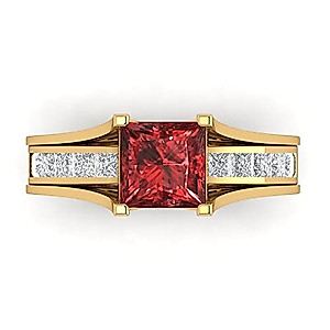Clara Pucci 3.37ct Princess Cut Pave Solitaire with Accent Scarlet Red Garnet Sliding Statement Bridal Ring Band Set 14k Yellow Gold 5