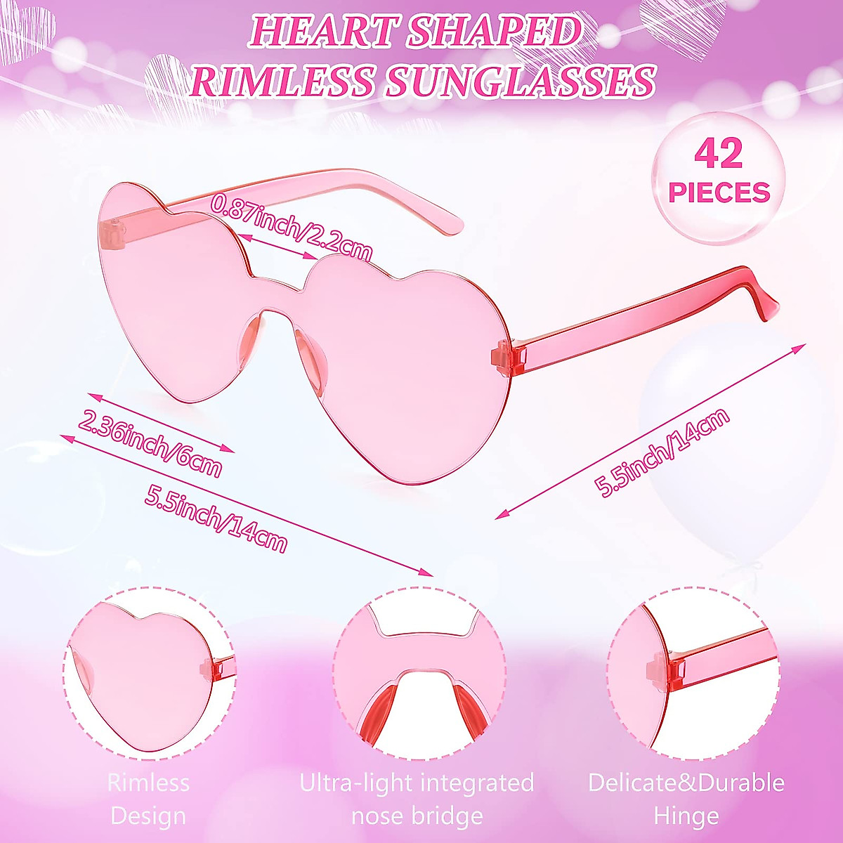 Flutesan 42 Pairs Heart Shaped Sunglasses Bulk Color Rimless Transparent Frameless Glasses for Women Summer Party Favor(Pink)