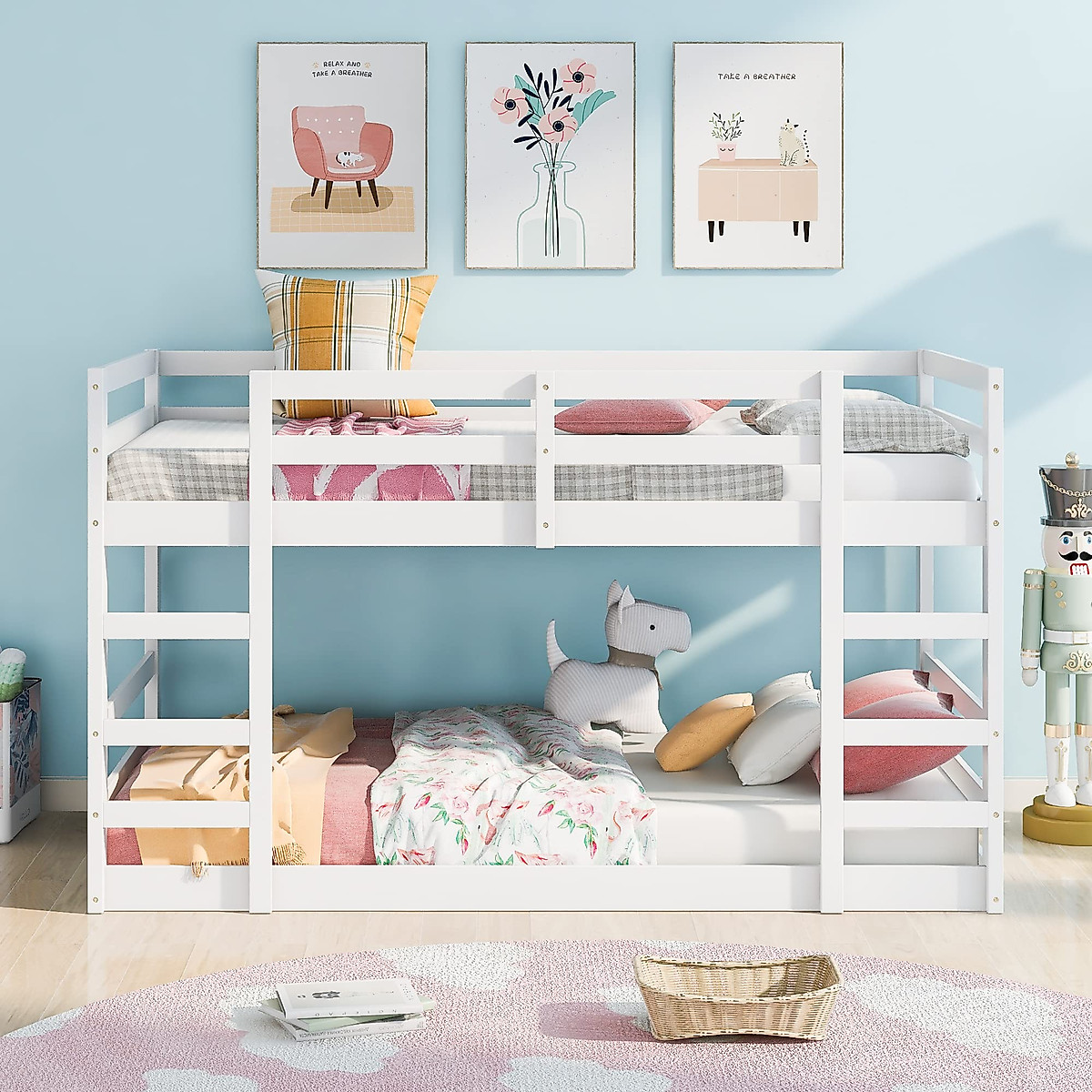 Twin Over Twin Low Bunk Bed, Solid Wood Floor Bunk Bed with Ladder, for Toddlers Kids Boys Girls (White)