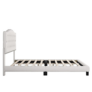 Modern Beige Queen Bed Frame Linen Upholstered Platform Bed with Headboard Solid Wood Queen Size Bed Frame Mattress Foundation Diamond Tufted Details Sturdy Wood Slat Support No Box Spring Needed