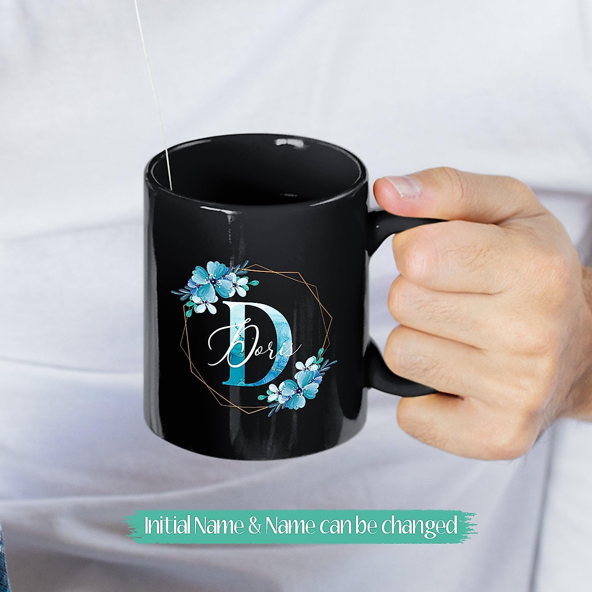 Personalized Initial Name Coffee Cup with Name, Custom Blue Floral Alphabet Ceramic Cups, Monogrammed Letter Mug Gift for Birthday, Customized Wreath Tea Cups Present, Black Coffee Mug 11oz or 15oz