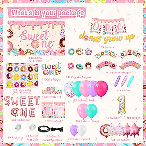 LXlucktim Donut Birthday Party Supplies for 1 Year Old Girl, 150 Pcs Sweet One Party Decorations for Girls Baby - Backdrop, Tablecloth, Crown, Poster