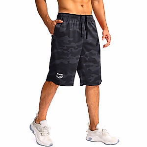 Men's Basketball Shorts with Zipper Pockets Lightweight Quick Dry 11" Long Shorts for Men Athletic Gym(Gray Camo,L)