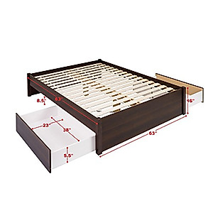 Prepac Select Queen 4-Post Raised Platform 2-Drawer Storage Bed, Modern Queen Storage Bed with Drawers 83" D x 63" W x 16" H, Espresso, EBSQ-1302-3K