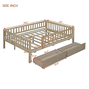 Full Size Bed Frame with Fence Railings and Storage Drawers, Wooden Montessori Style Kids Beds with Slats Support, Dual-use Daybed for Bedroom and Living Room, Natural