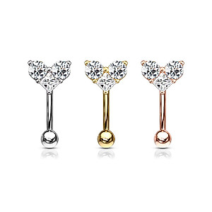 Amelia Fashion 16 Gauge Three Prong Set Round and Square CZ Heart Curved Barbell/Eyebrow Ring 316L Surgical Stainelss Steel (Choose Color) (Rose Gold/Clear)