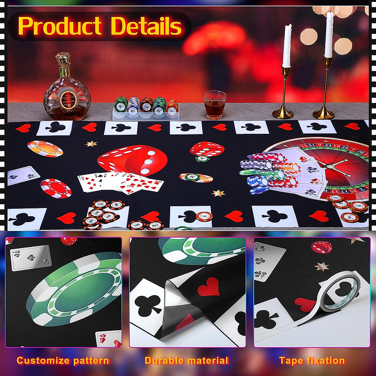 Thyle Casino Party Carpet Disco Runner Rug Party Aisle Hallway Rug 10 ft Area Track Floor Runner Non Slip Western Poker Rug with 2 Carpet Tape for Decor Birthday Theme Gathering (Casino)